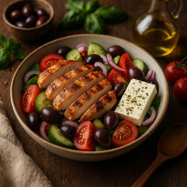 Griekse salade met gegrilde kip - Hart in Shape