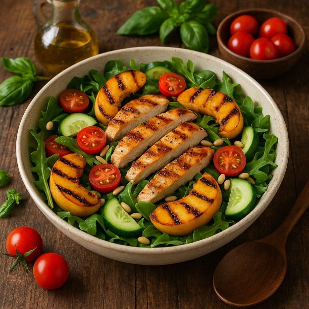 Salade met gegrilde perzik en kip - Hart in Shape